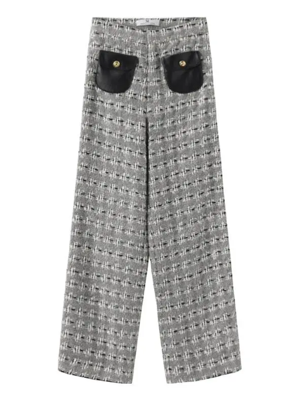 Marissa Chiara Plaid Wide Leg Pants With Contrast Pockets - Grey