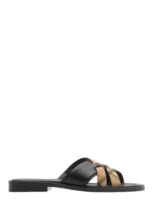 Burberry Drift Sandals With Checked Straps - Black/sand Beige