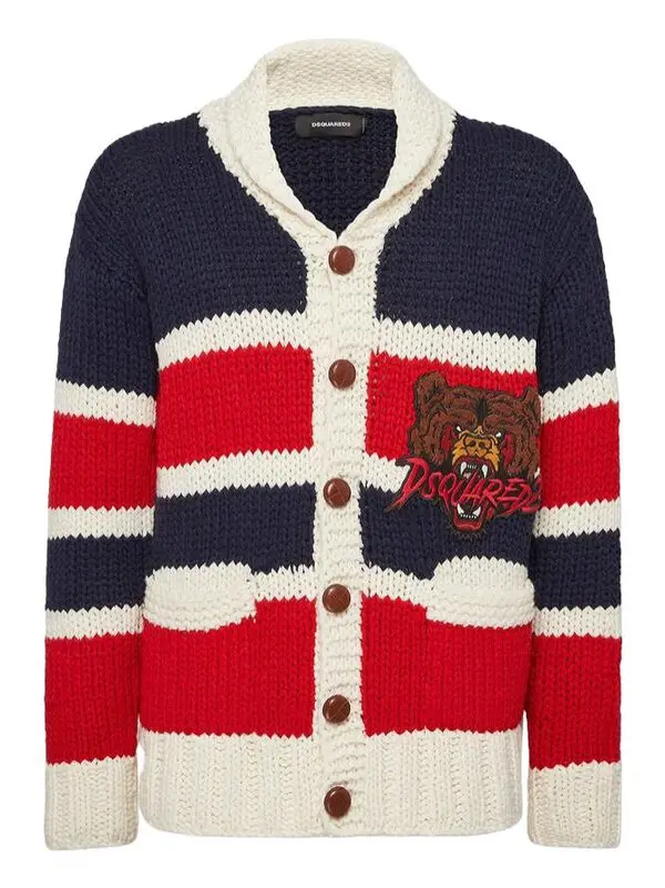 Dsquared2 Striped Knit Cardigan With Bear Appliqu - Black