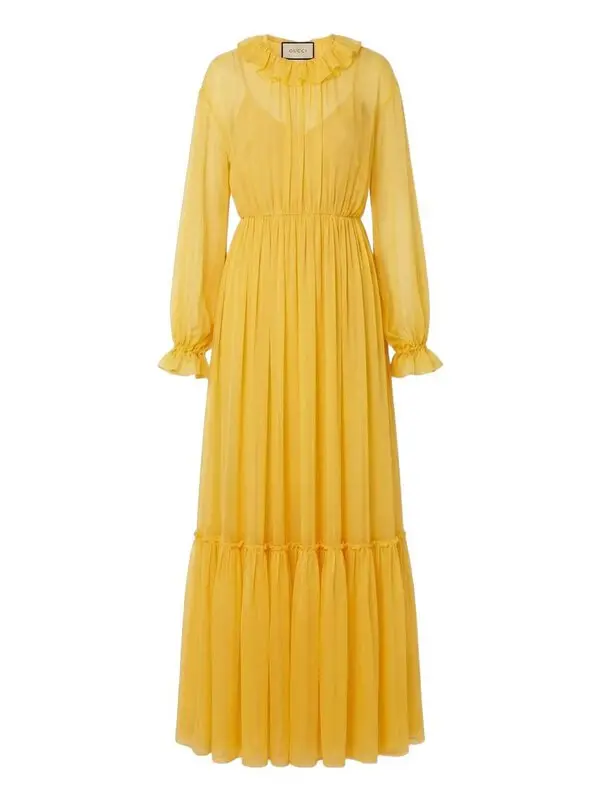 Gucci Silk Chiffon Dress With Ruffled Collar - Yellow