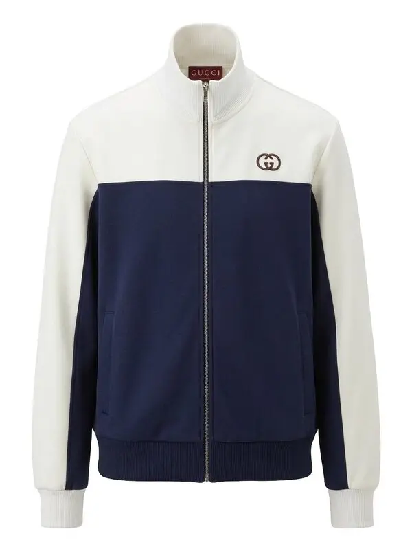 Gucci Technical Jersey Zip Jacket With Interlocking G Embroidery - Blue And White