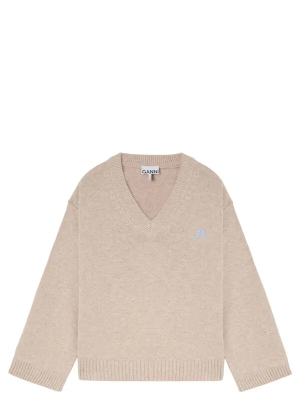 GANNI V-neck Logo Embroidered Jumper - Beige