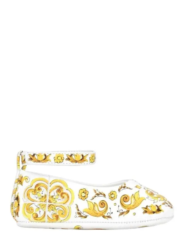 Dolce & Gabbana Majolica Leather Ballerina Flats With Ankle Straps - White
