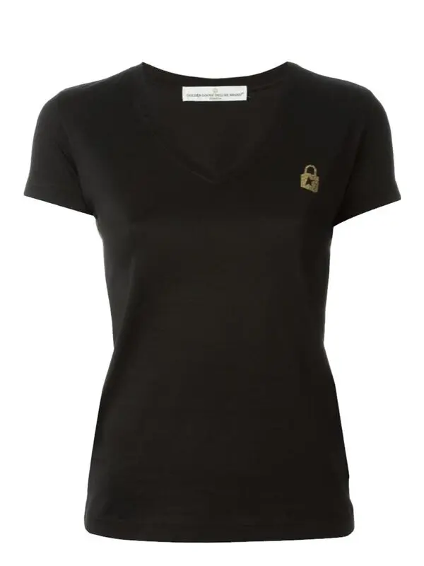 GOLDEN GOOSE V-neck Short Sleeve T-shirt With Logo Patch - Black