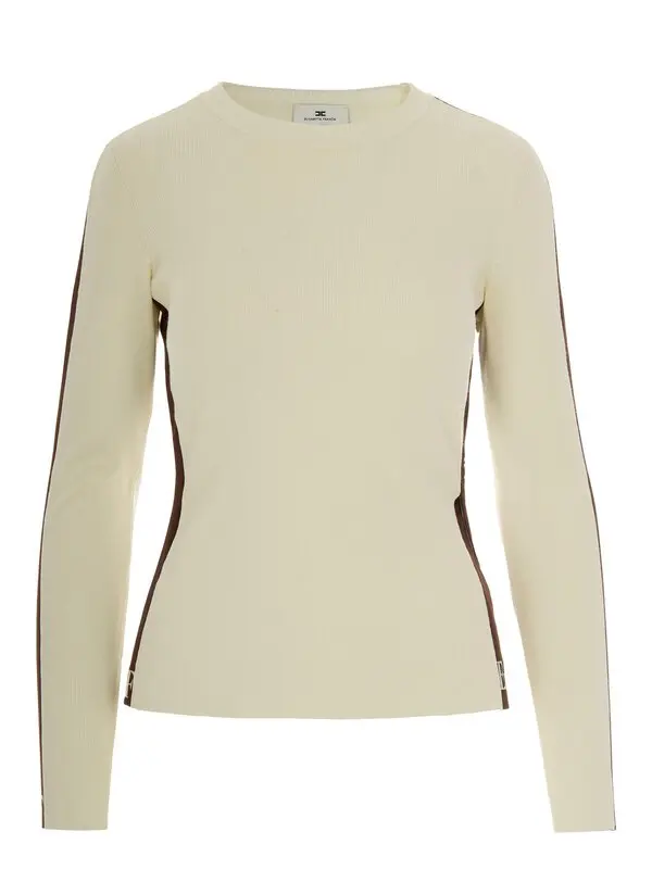 Elisabetta Franchi Ribbed Crew Neck Sweater With Side Stripe Detail - Nude
