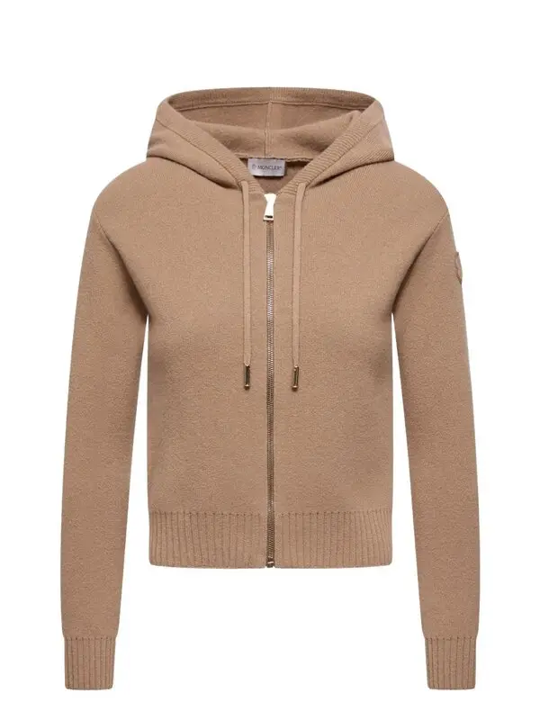 Moncler Cashmere Wool Zip-up Hoodie With Logo Patch - Camel