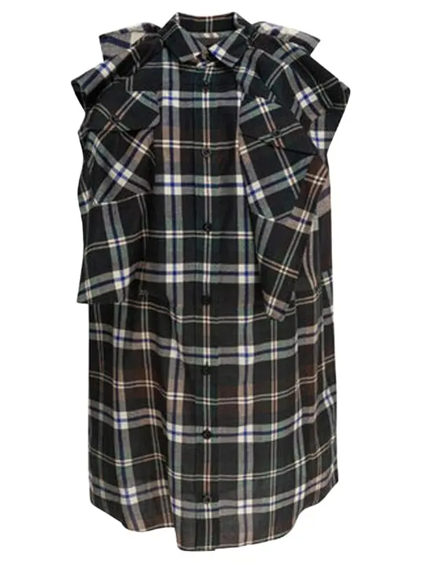 Sacai Plaid Shirt Dress With Ruffled Details - Black