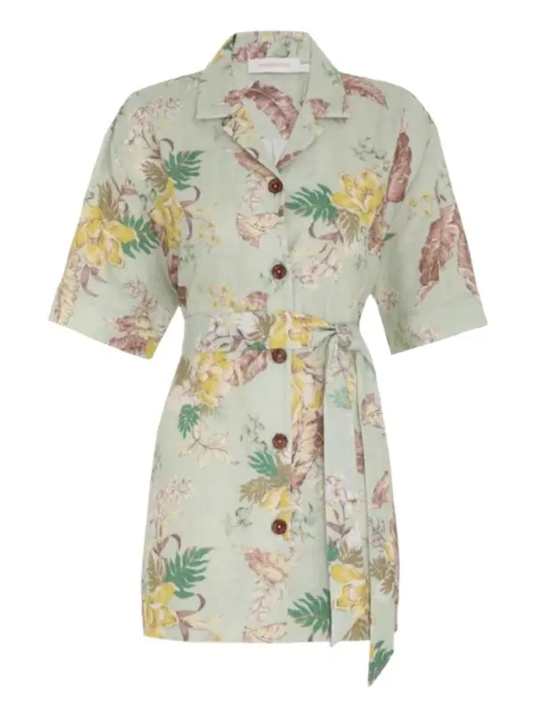 Zimmermann Short Sleeve Button Front Shirt With Self-tie Belt - Gray
