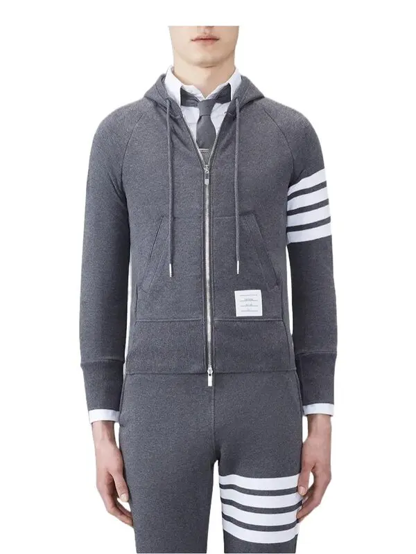 Thom Browne Zip-up Hoodie With Four-bar Stripes - Dark Gray