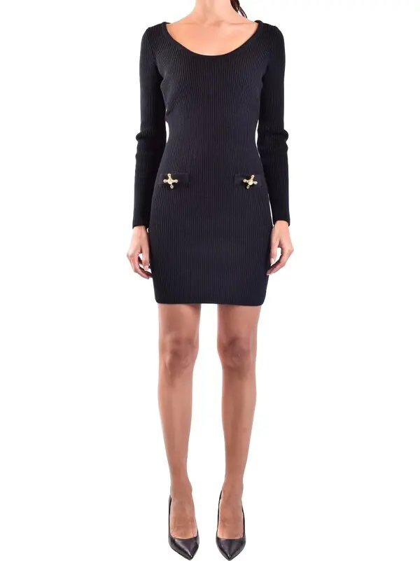 Moschino Long Sleeve Ribbed Mini Dress With Embellished Pockets - Black