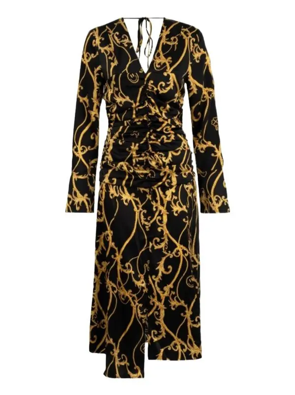 GANNI V-neck Printed Long Sleeve Dress - Black
