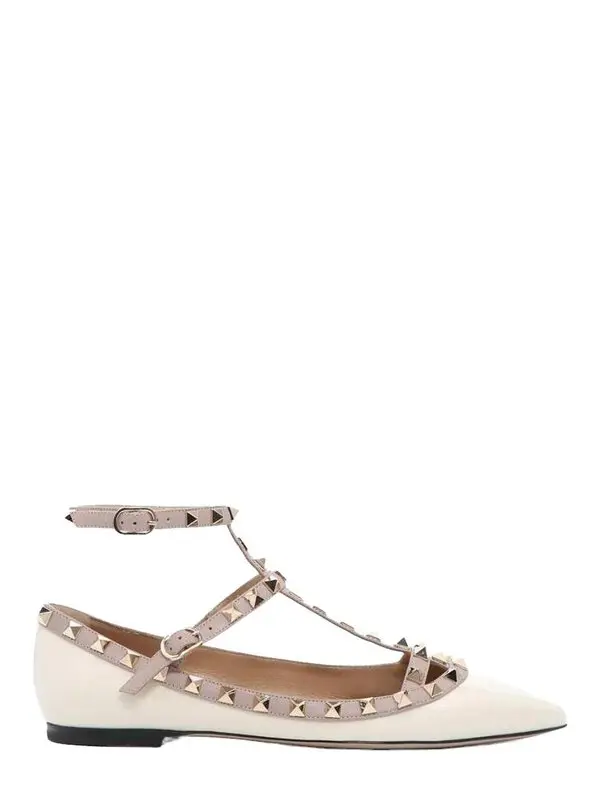 Valentino Garavani Rockstud Pointed Toe Ballerina Flats With Ankle Strap - White