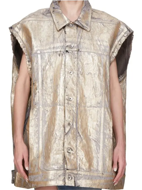 Rick Owens Sleeveless Cotton Denim Vest With Distressed Effect - Golden