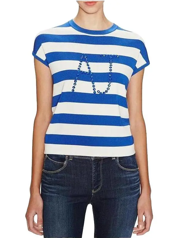 Emporio Armani Striped Knitted Short-sleeved T-shirt With Embellished Logo - Multicolor