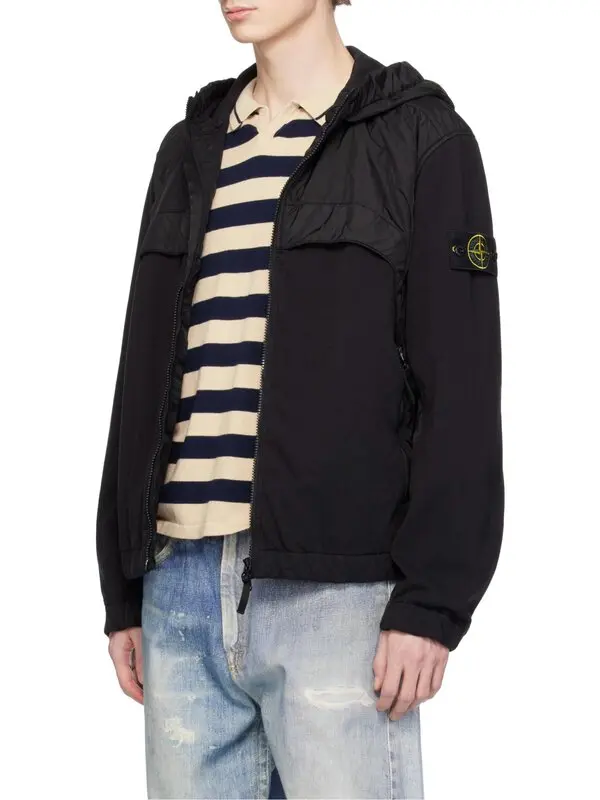 Stone Island Logo Patch Hooded Windbreaker - Black