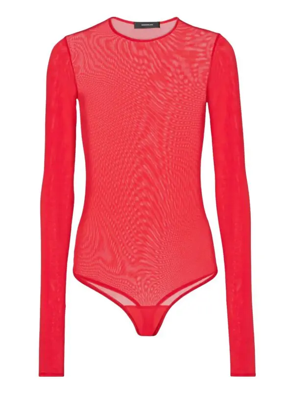 Wardrobe.NYC Sheer Crewneck Long Sleeve Bodysuit - Red