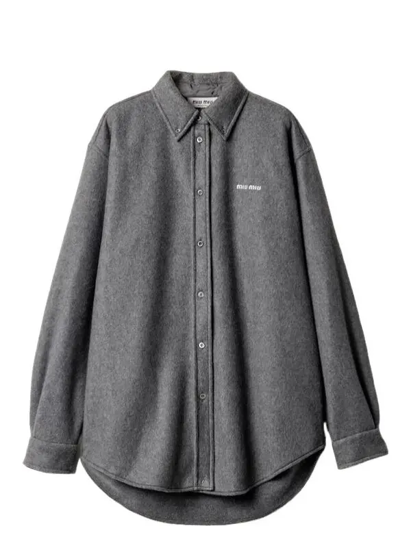 Miu Miu Oversized Logo Embroidered Poplin Shirt - Grey