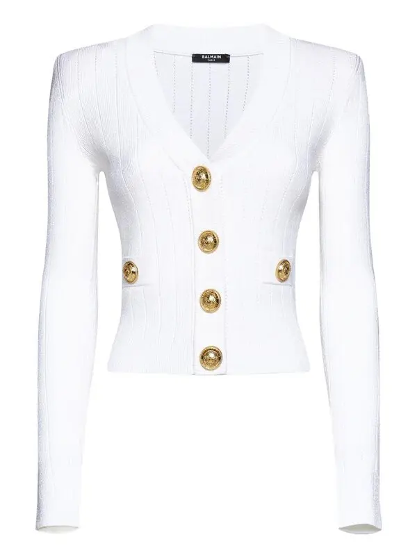 Balmain Button-embellished Ribbed Knit Cardigan - White