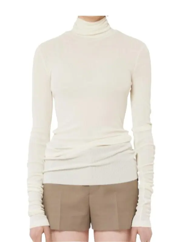 Ami High Neck Ribbed Long Sleeve Top - White