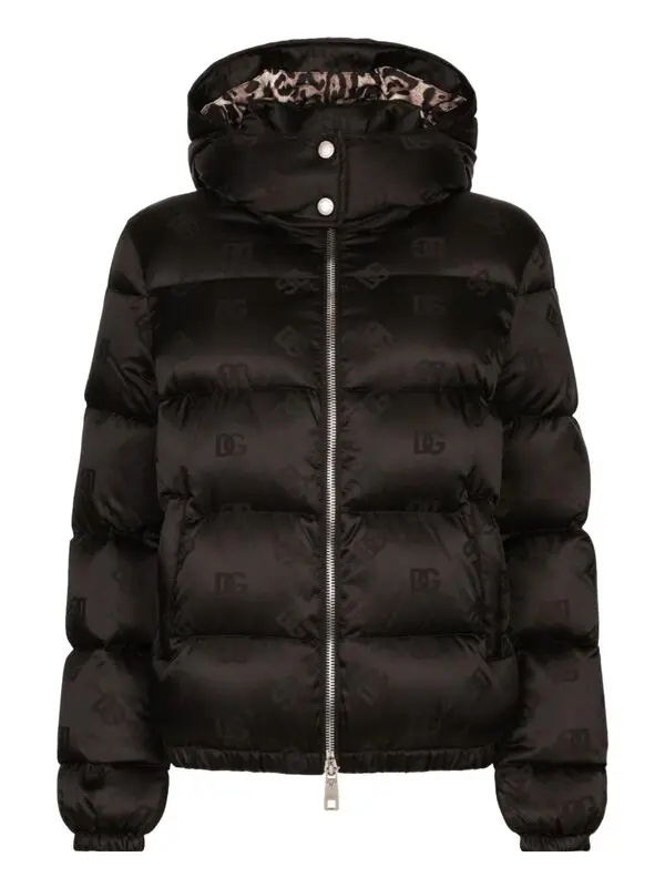 Dolce & Gabbana Monogram Jacquard Hooded Puffer Jacket - Black