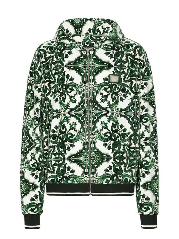 Dolce & Gabbana Dolce Gabbana Majolica Printed Zip-up Hoodie - Green And White