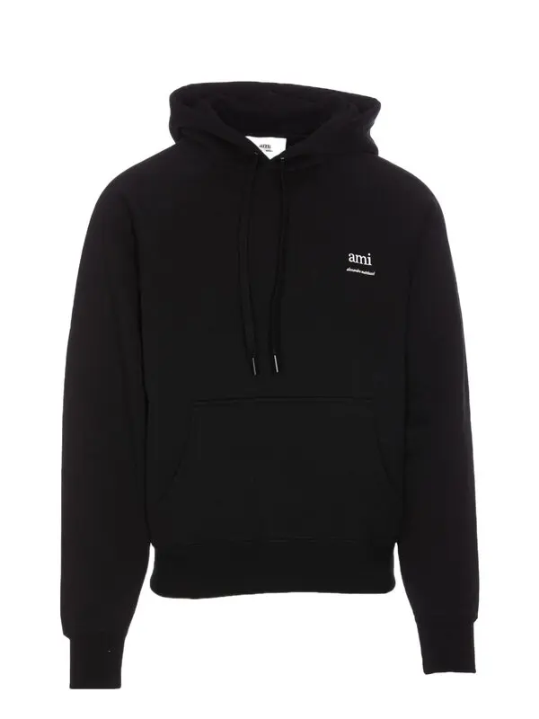 Ami Logo Printed Drawstring Hoodie - Black