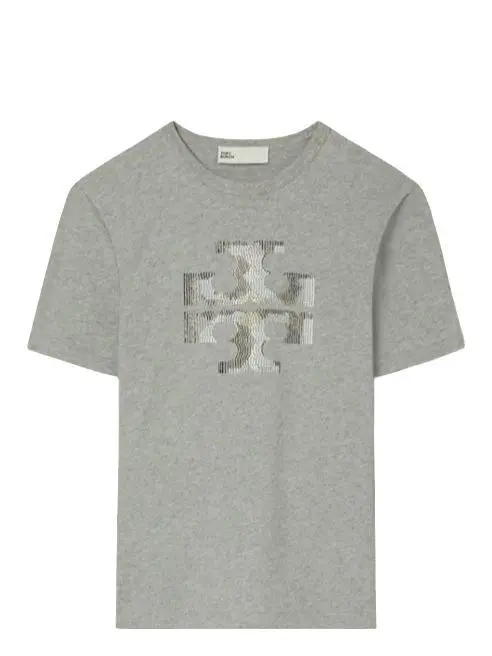 Tory Burch Logo Embellished Crewneck T-shirt - Silver Gray Mixed Color