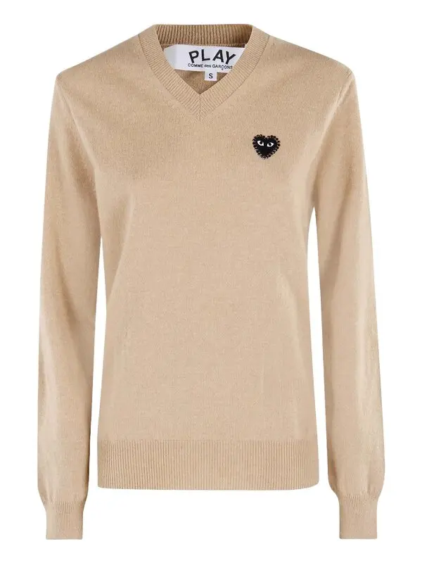 Play Comme Des Garcon V-neck Long-sleeved Sweater With Heart Logo - Nude