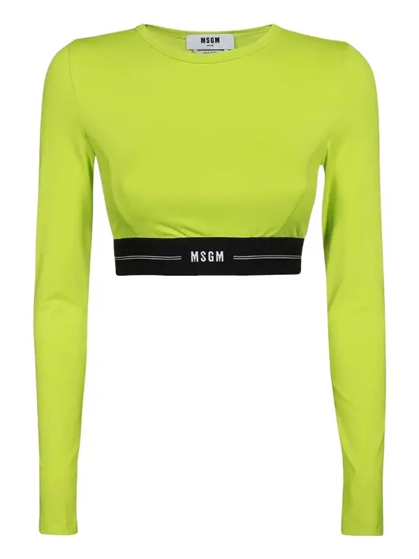 MSGM Cropped Long Sleeve Crewneck Top - Green