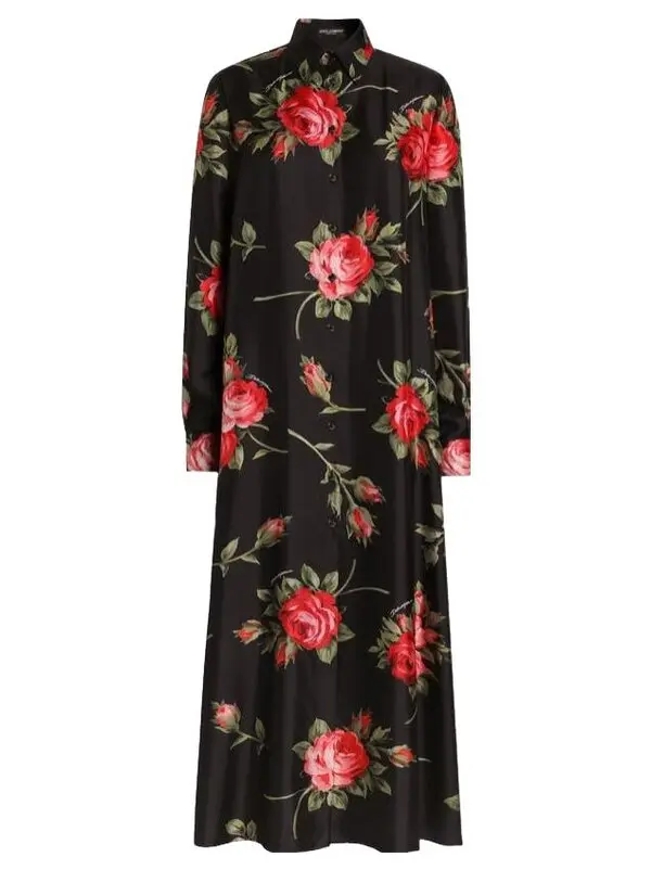 Dolce & Gabbana Rose Print Long Sleeve Dress - Black