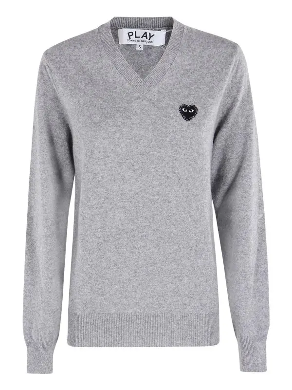 Play Comme Des Garcon V-neck Long-sleeve Sweater With Heart Logo - Gray
