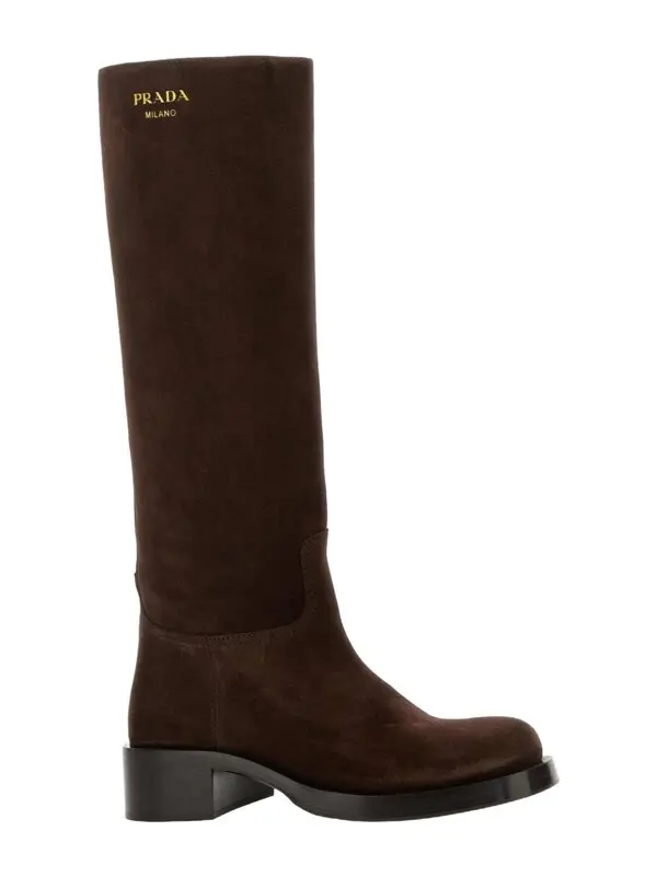 Prada Round Toe Knee-high Boots With Block Heel - Brown