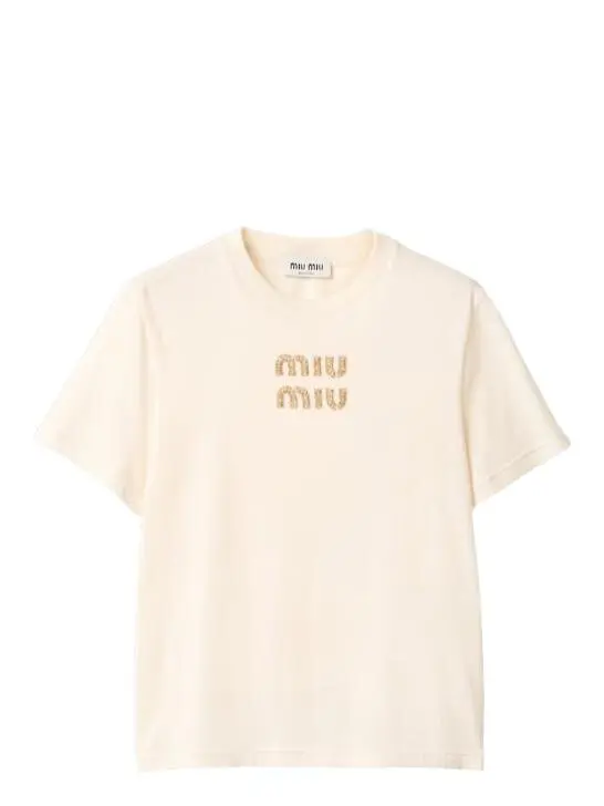 Miu Miu Logo Embellished Crewneck T-shirt - Natural Color