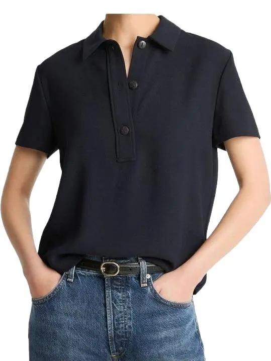 Vince Crepe Button Polo Top - Coastal Blue