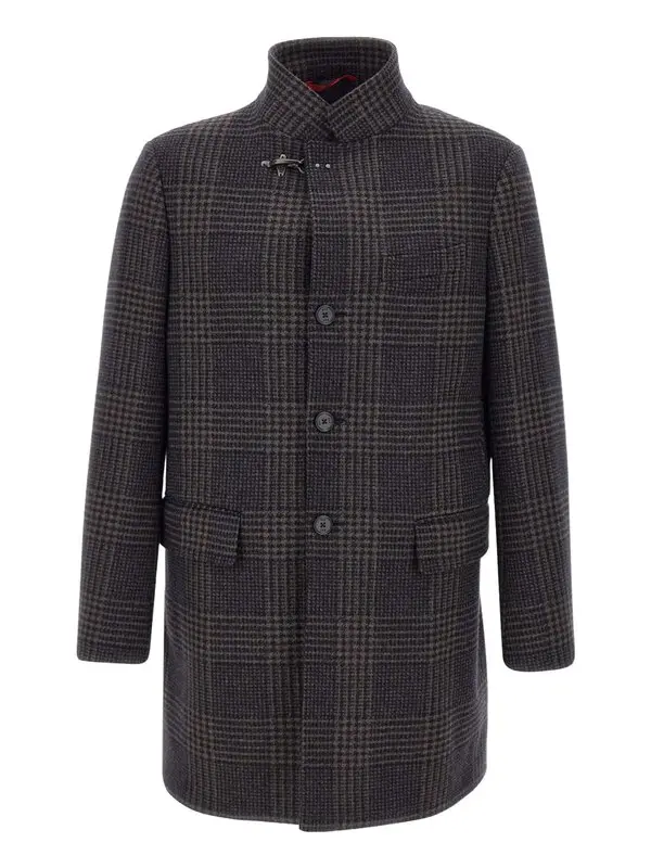 FAY Houndstooth Checked Wool Blend Coat - Black