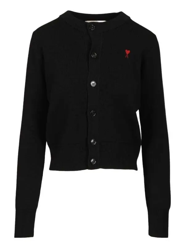 AMI Paris Crewneck Wool Cardigan With De Coeur Logo - Black