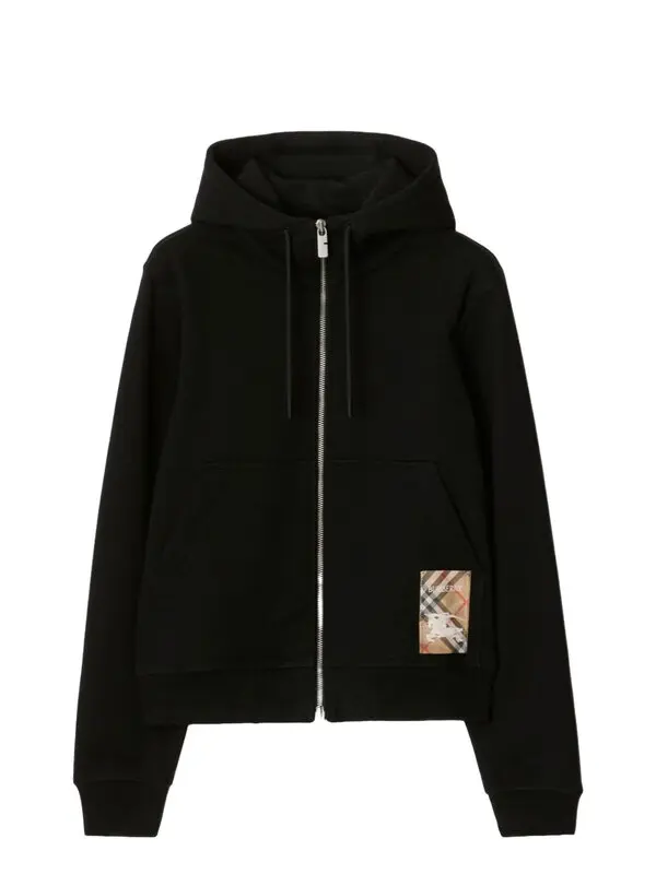 Burberry Check Label Zip-up Drawstring Hoodie - Black
