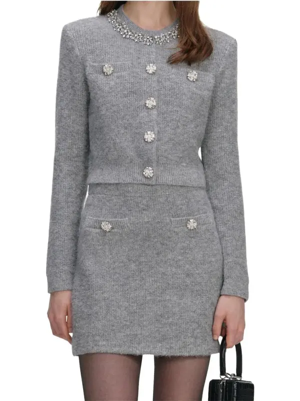 SELF-PORTRAIT Embellished Trim Cropped Cardigan - Grey