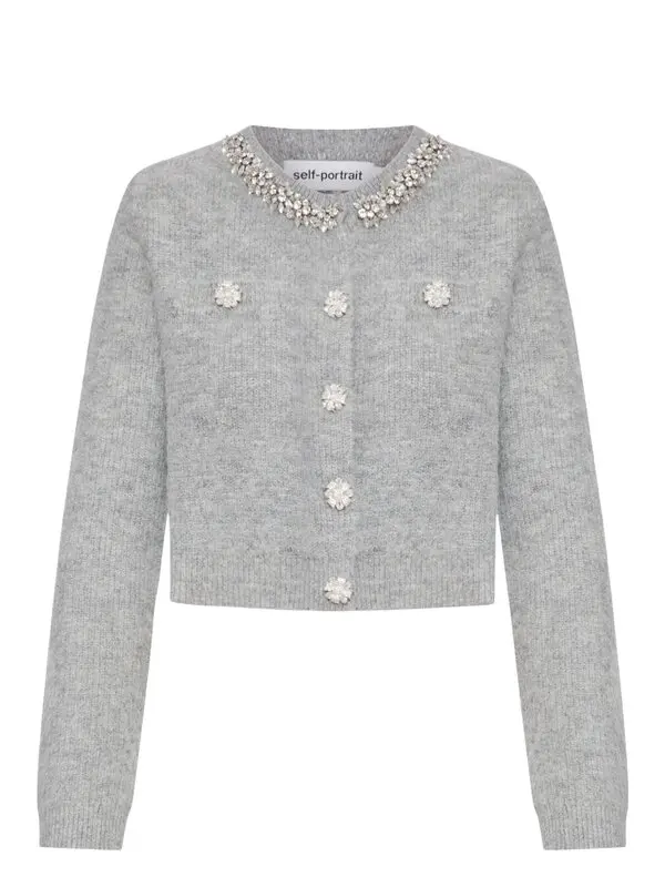 SELF-PORTRAIT Embellished Trim Cropped Cardigan - Grey