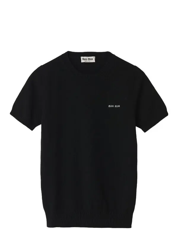 Miu Miu Logo Intarsia Knitted Short-sleeved Pullover - Black