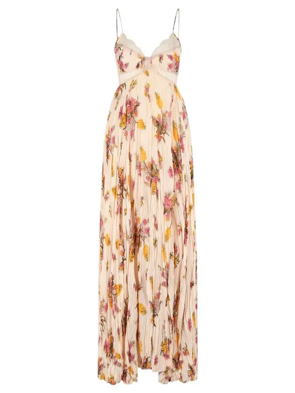 Blumarine Pleated Floral Off-shoulder Maxi Dress - Nude