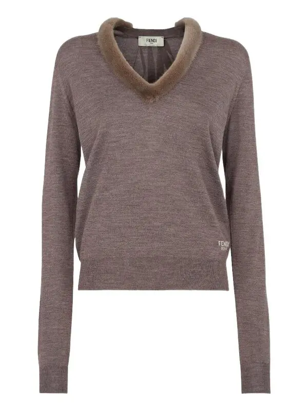 Fendi V-neck Jumper With Mink Collar And Back Tie Detail - Grey