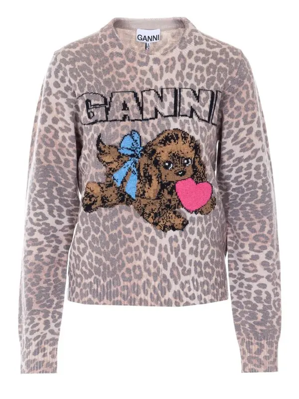 GANNI Graphic Puppy Knitted Sweater - Brown