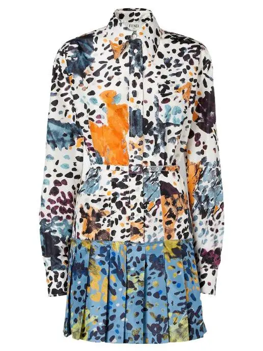 Fendi Falena Print Belted Pleated Mini Dress - White And Light Blue