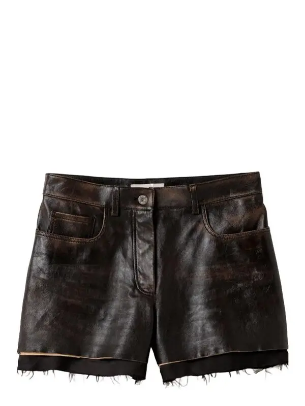 Miu Miu Nappa Leather Shorts With Raw Edge Hem - Coffee Brown