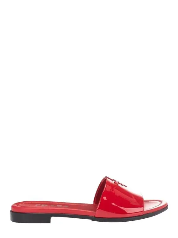 Prada Glossed Flat Bottom Logo Sandals - Red