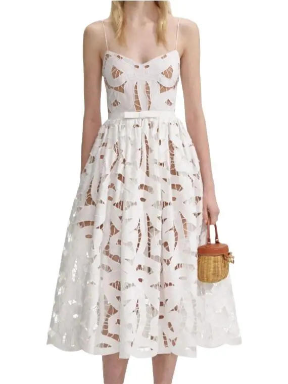 SELF-PORTRAIT Embroidered Midi Dress With Bow Waistband - White