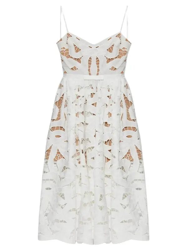 SELF-PORTRAIT Embroidered Midi Dress With Bow Waistband - White