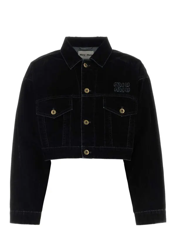 Miu Miu Cropped Velvet Jacket With Logo Detail - Black