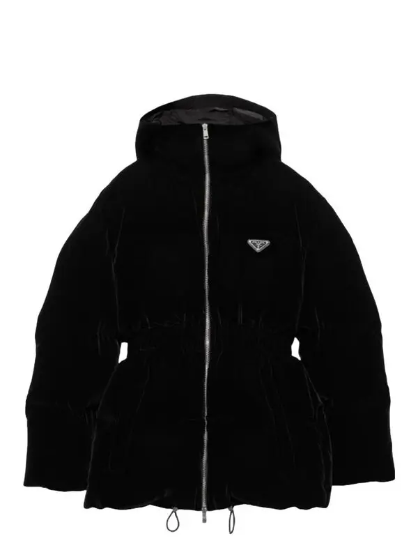 Prada Velvet Down Jacket With Drawstring Hem And Hood - Black